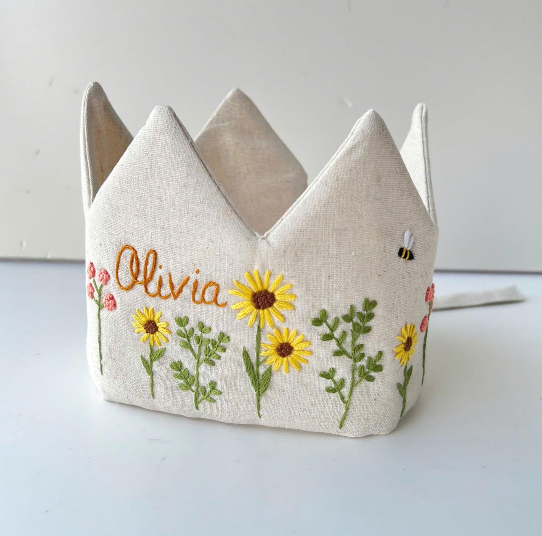 Custom Hand Embroidered Linen Crown, Baby Birthday Crown, Kids Crow ...