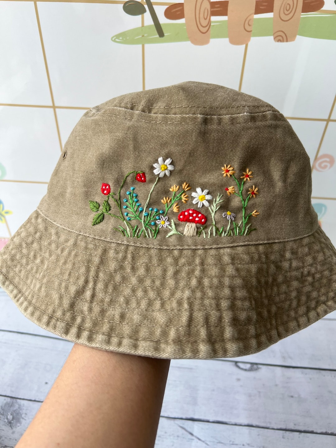 Custom Hand Embroidery Floral and Mushroom Bucket Hat, Daisy Bucket ...