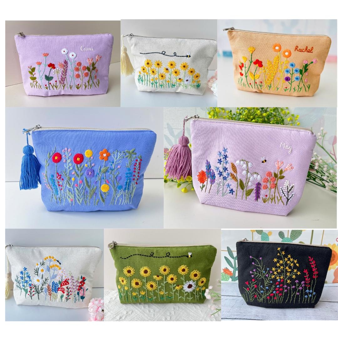 Personalized Hand Embroidered Cosmetic Bag, Flower Pouch, Linen Bag ...