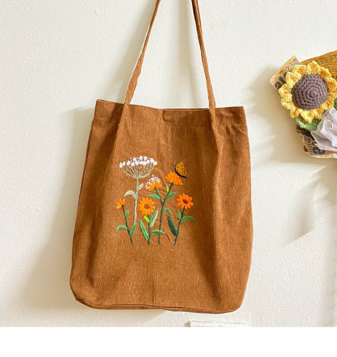 Floral Embroidered Velvet Tote Bag With Button and Pocket, Wild Flower ...