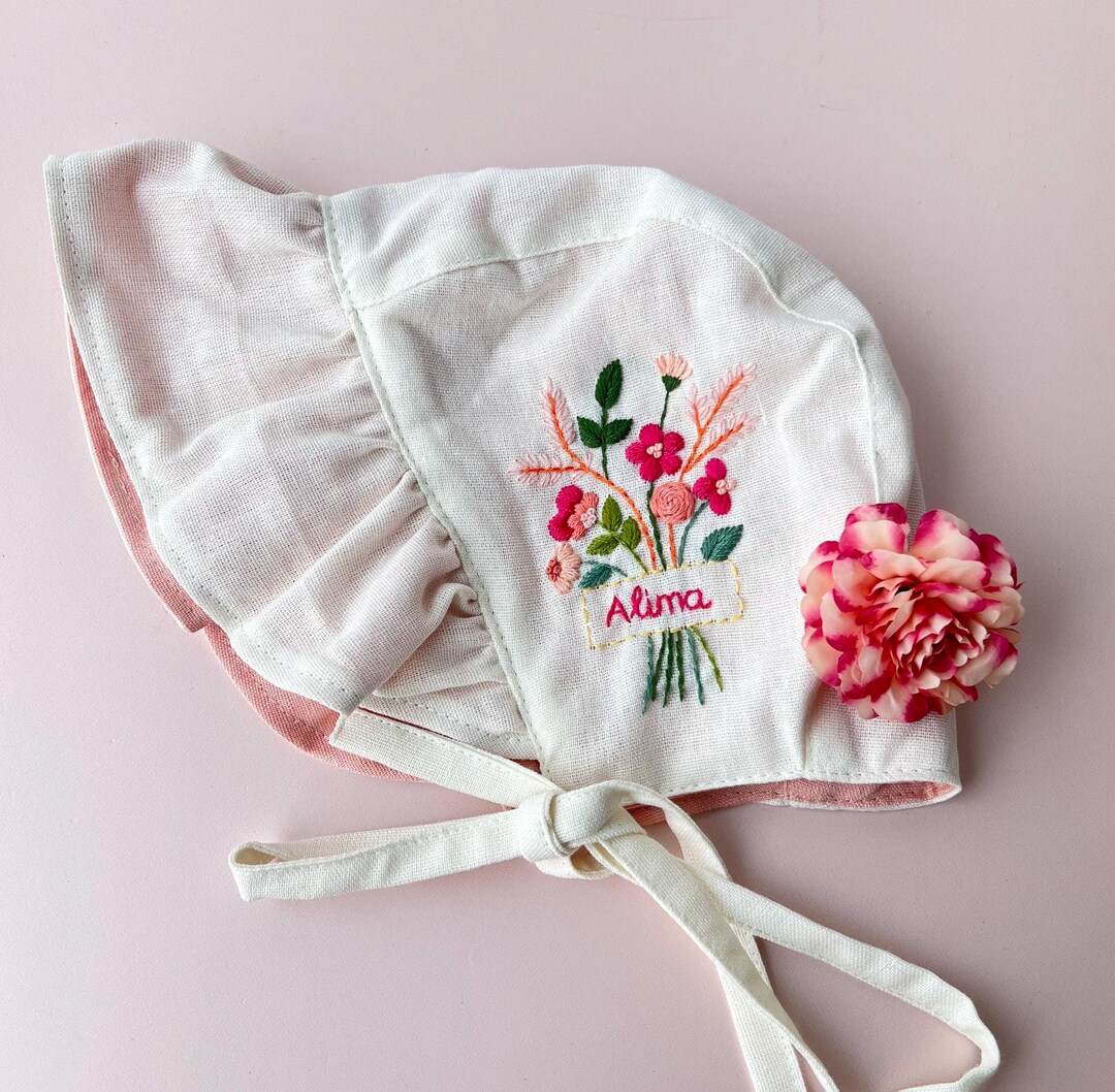 Hand Embroidered Linen Baby Bonnet With Beautiful Flowers, Personalized ...