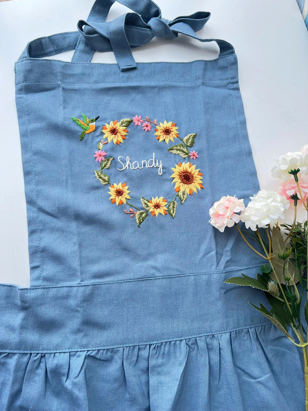 Personalized Hand Embroidered Apron Women, Ruffled Apron, Sunflower ...