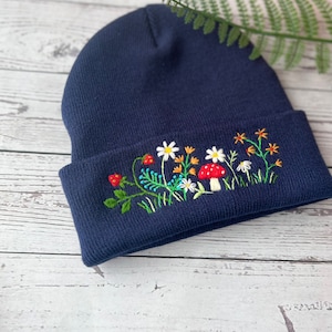 Hand Embroidered Beanie, Daisy Beanie, Mushroom Beanie, Wild Flower and ...