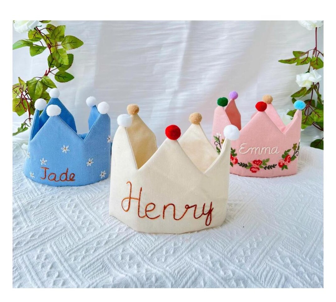 Custom Hand Embroidered Linen Crown, Baby Birthday Crown, Kids Crow ...