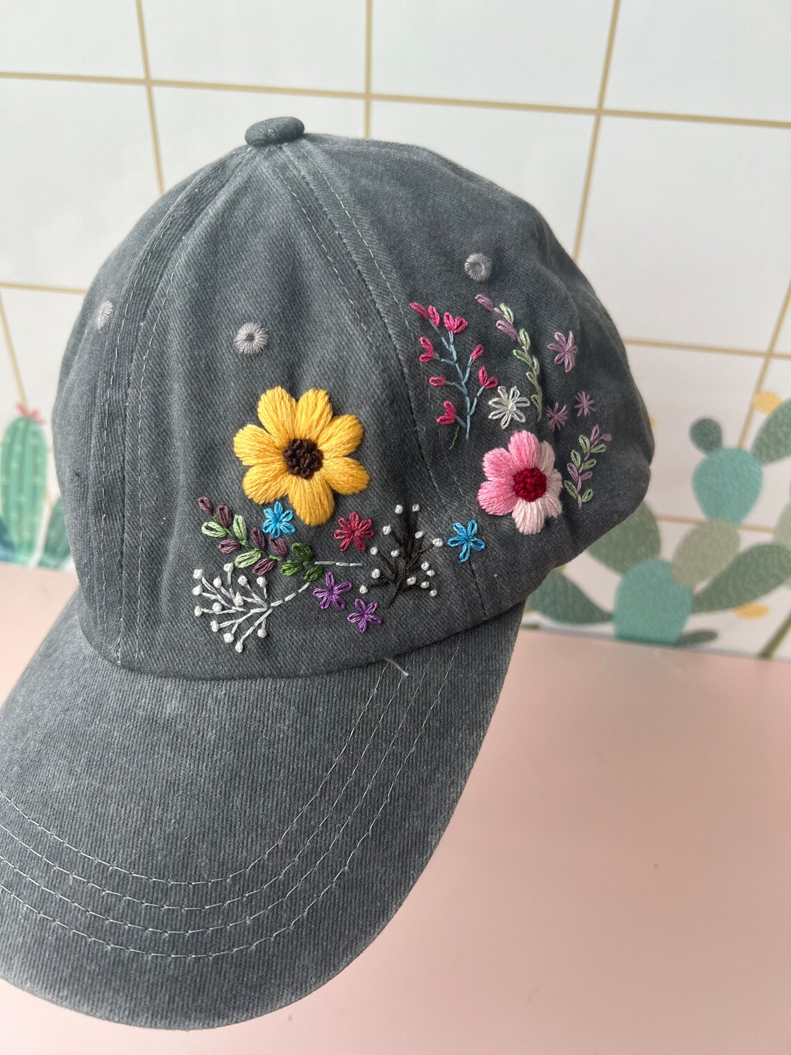 Custom Floral Hand Embroidered Baseball Cap, Flower Embroidered Hat ...