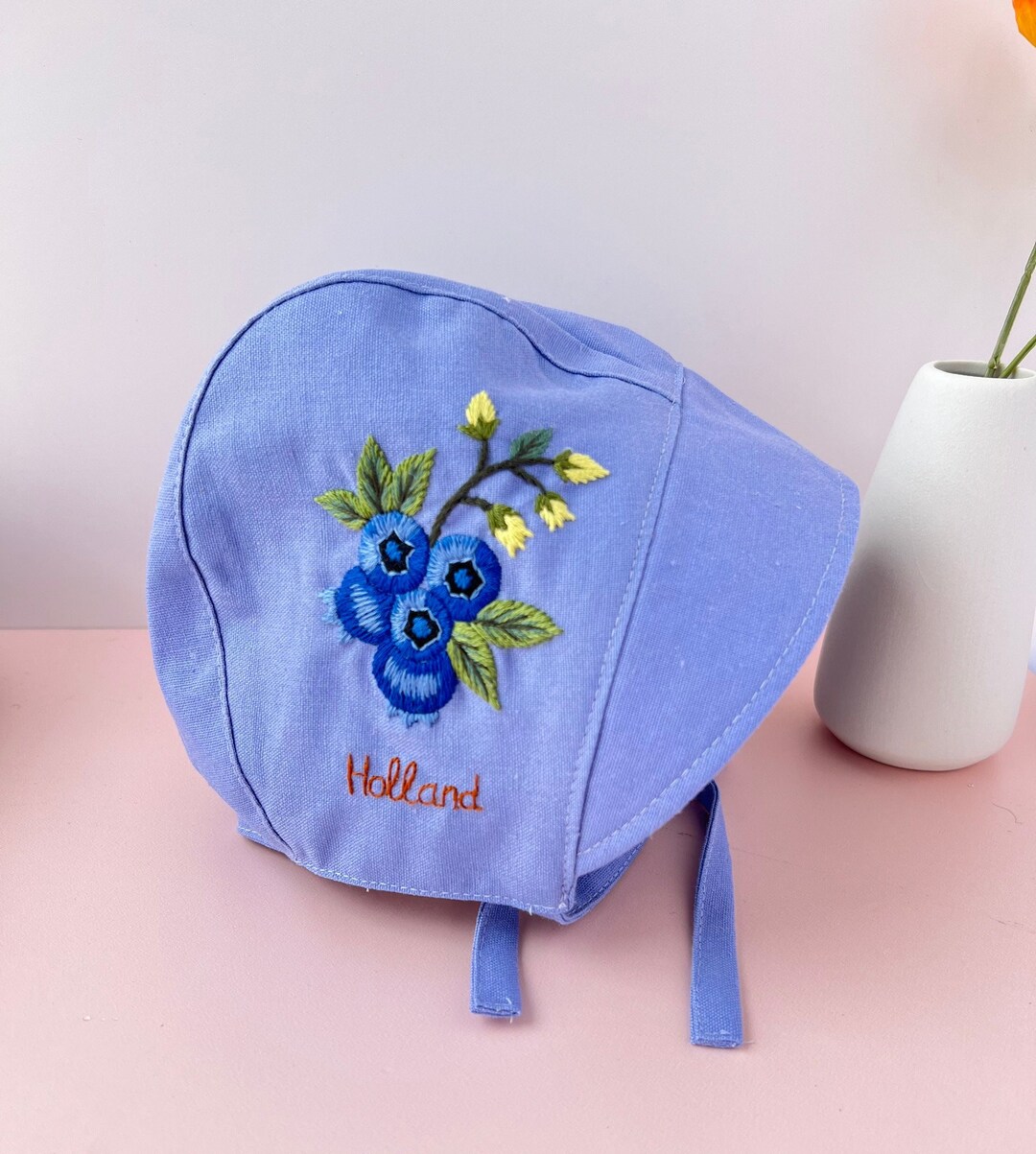 Personalized Hand Embroidered Linen Baby Bonnet With Blueberry, Custom ...