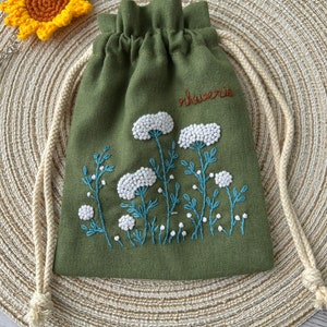 Floral Drawstring Bag Embroidery, Embroidered Floral Pouch, Daisy ...