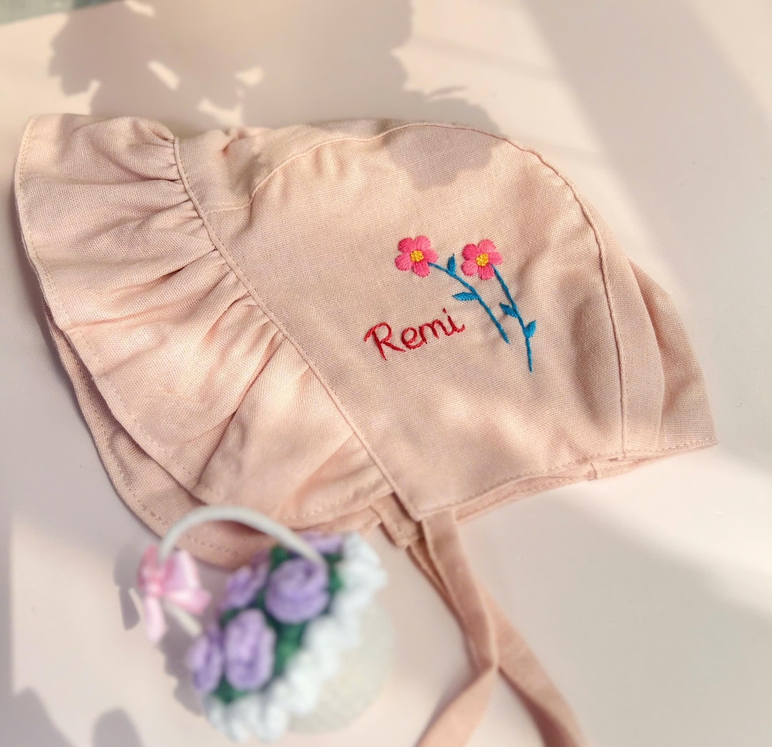 Hand Embroidered Linen Baby Bonnet, Custom Bonnet, Rose Bonnet ...