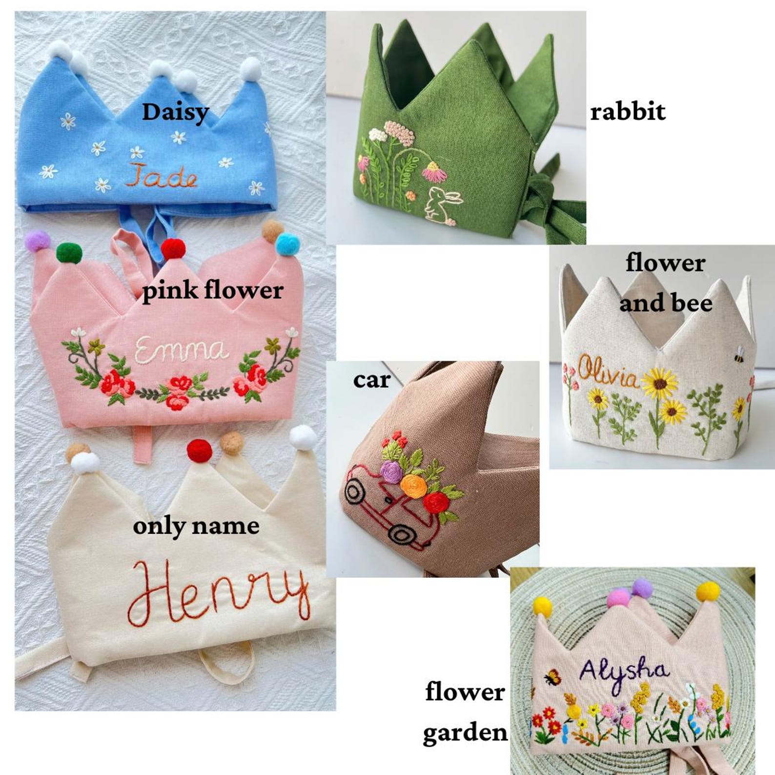 Custom Hand Embroidered Linen Crown, Baby Birthday Crown, Kids Crown ...
