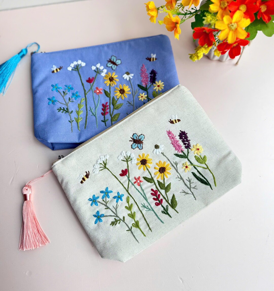 Personalized Hand Embroidered Cosmetic Bag, Flower Pouch, Linen Bag ...