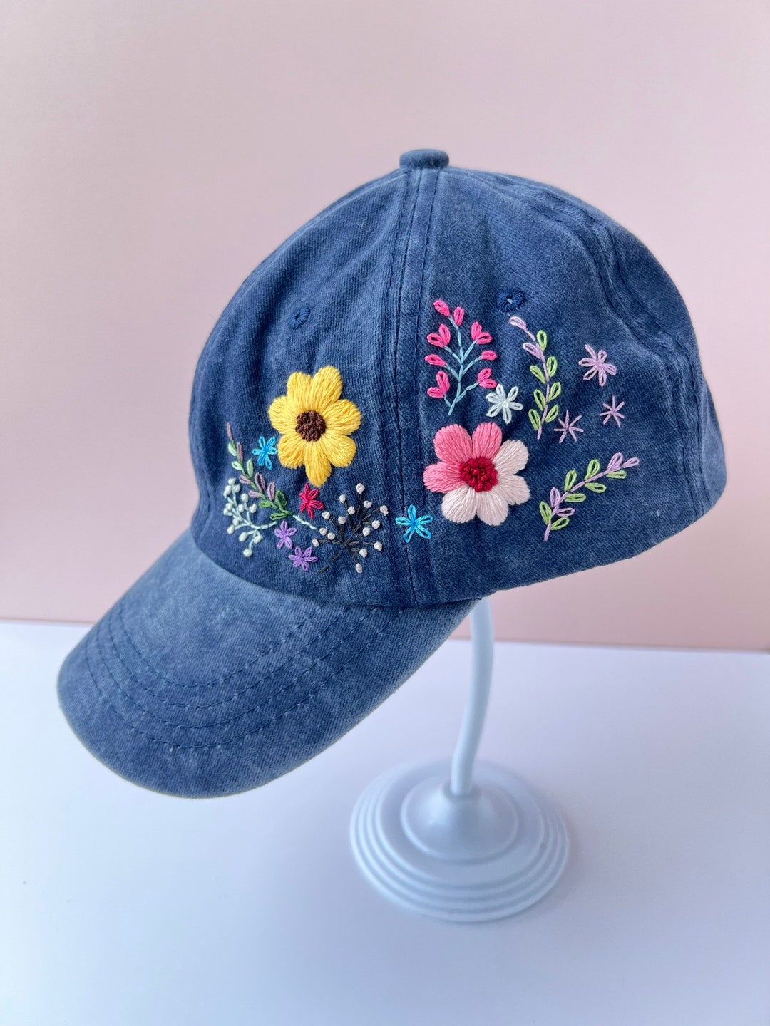 Custom Floral Hand Embroidered Baseball Cap, Flower Embroidered Hat ...