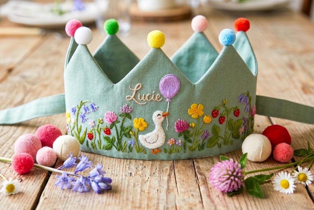 Custom Hand Embroidered Linen Crown, Baby Birthday Crown, Kids Crow ...