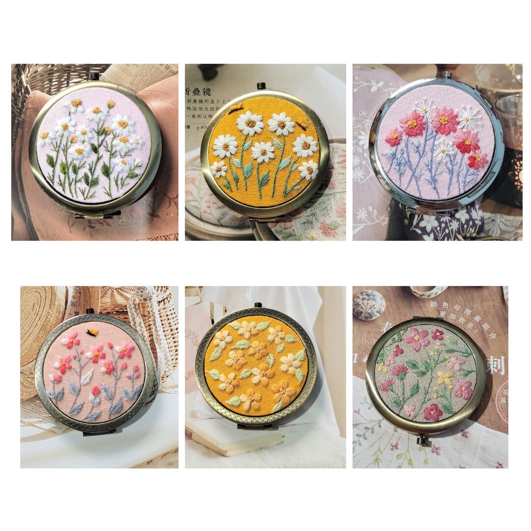 Wild Flower Embroidered Compact Mirror, Pocket Mirror, Daisy Mirror ...