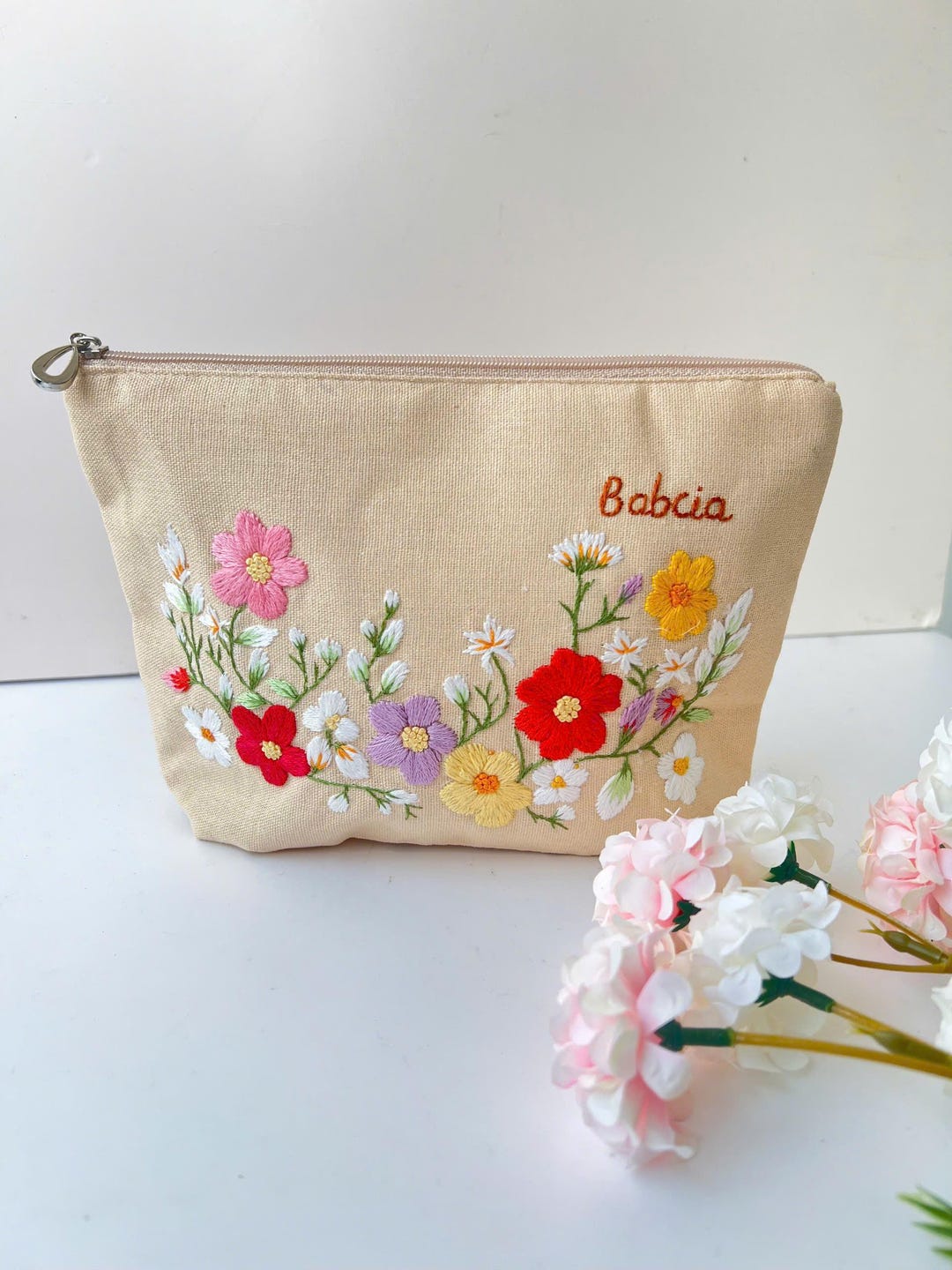 Personalized Hand Embroidered Cosmetic Bag, Flower Pouch, Linen Bag ...