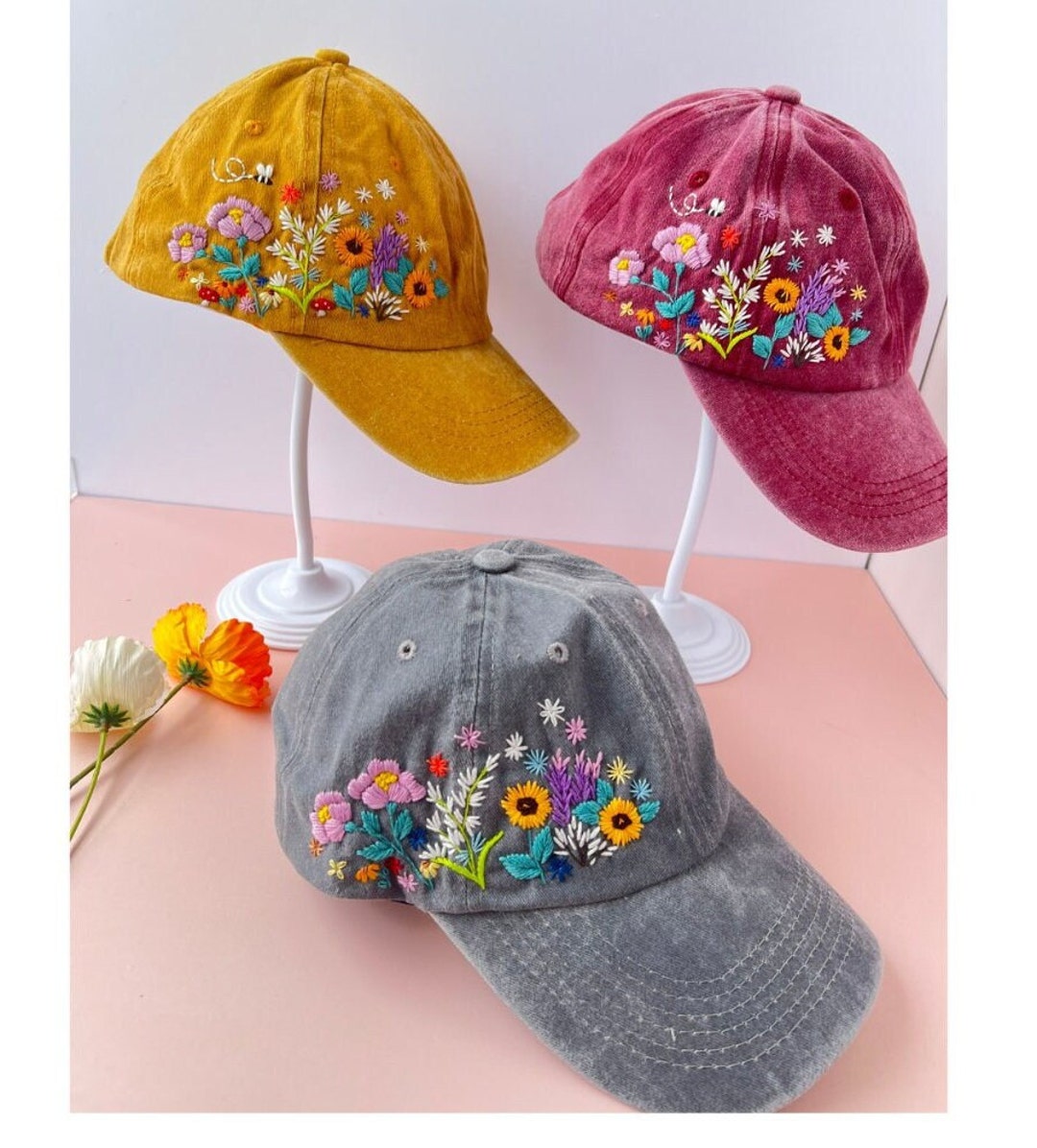 Custom Flower Hand Embroidery Hat, Daisy Embroidered Baseball Cap, Wash ...