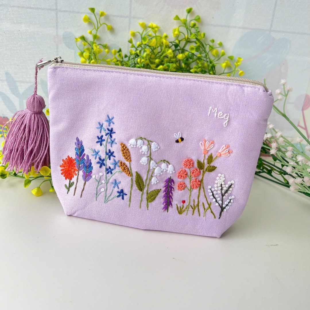 Personalized Hand Embroidered Cosmetic Bag, Flower Pouch, Linen Bag ...