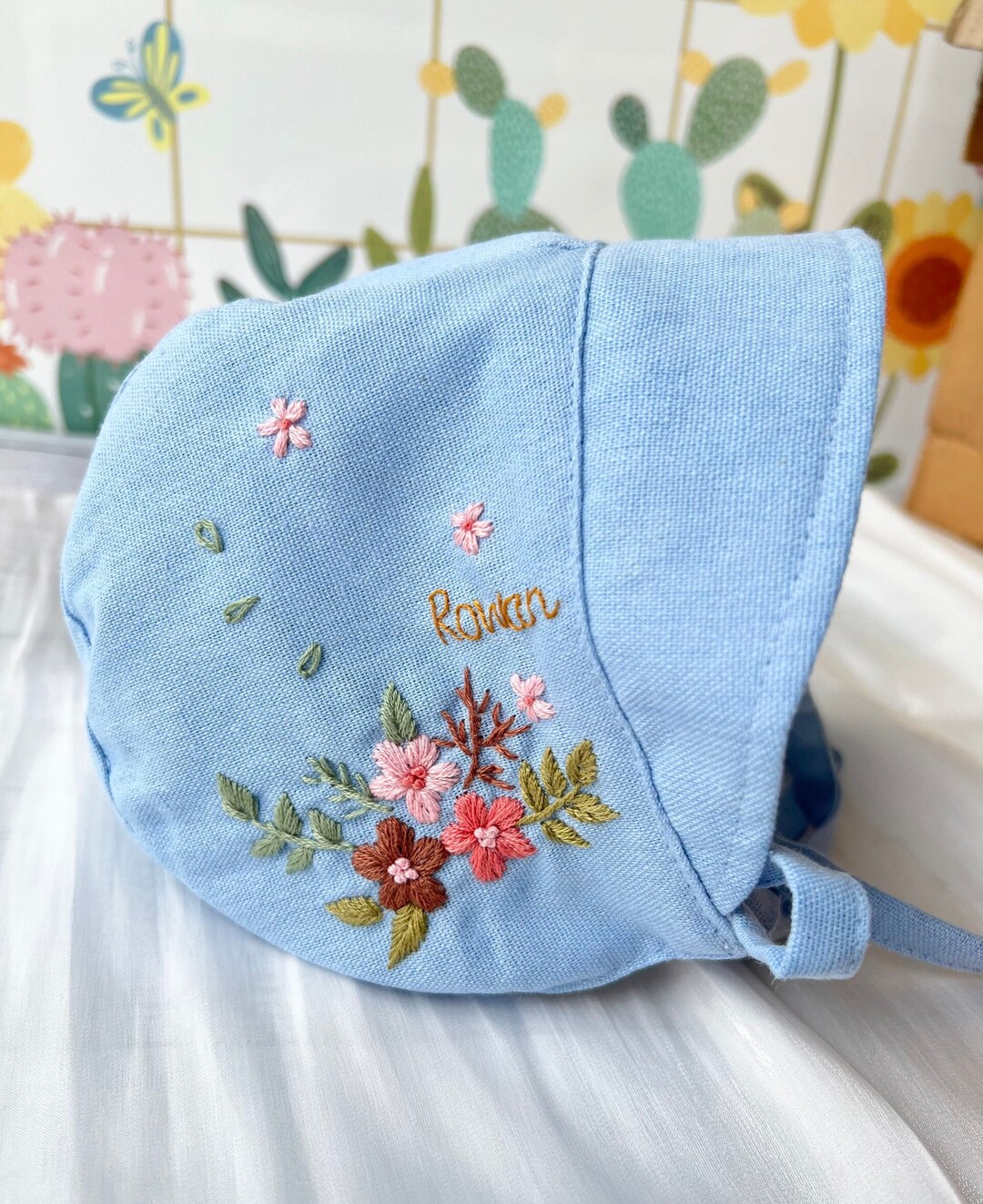 Personalized Hand Embroidered Linen Baby Bonnet With Flowers, Custom ...