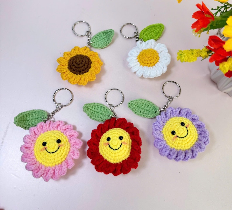 Crochet Flower Keychain, Buy 2 Get 1, Sunflower Keychain, Lily Keychain ...