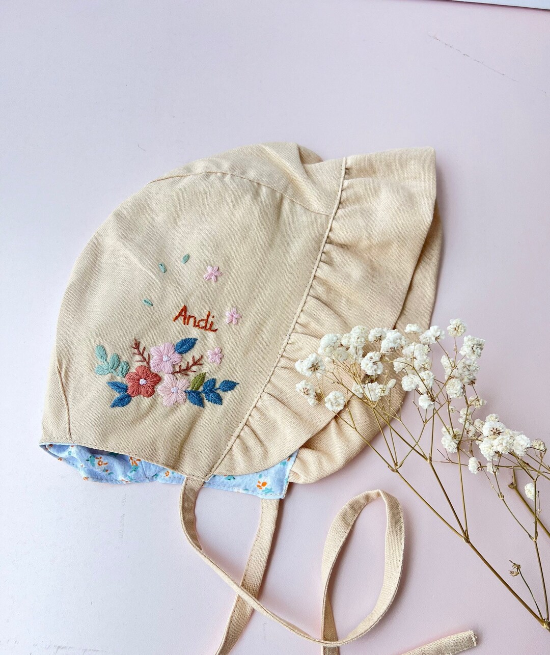 Personalized Hand Embroidered Linen Baby Bonnet With Flowers, Custom ...