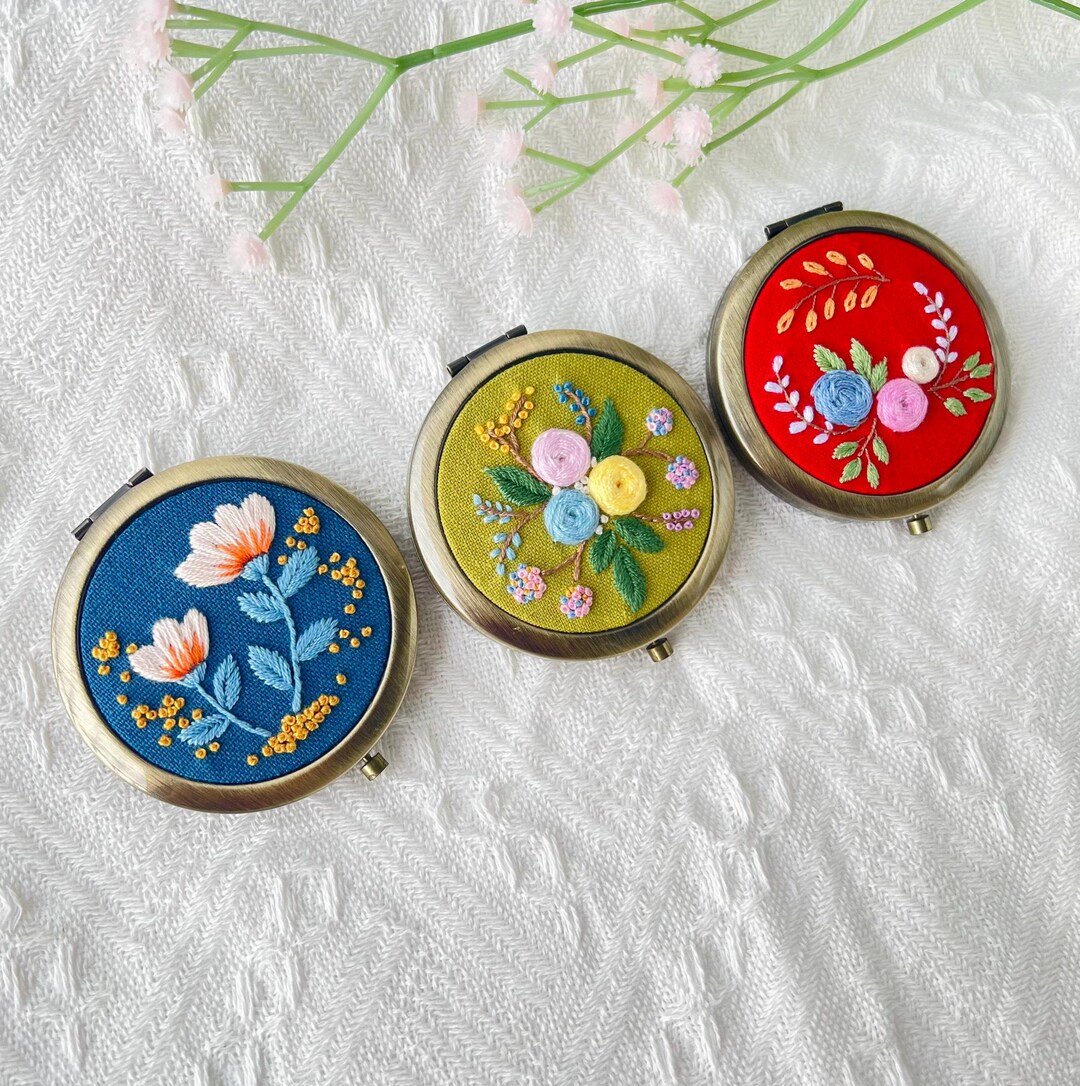 Floral Embroidered Compact Mirror Comes With a Drawstring Bag, Rose ...