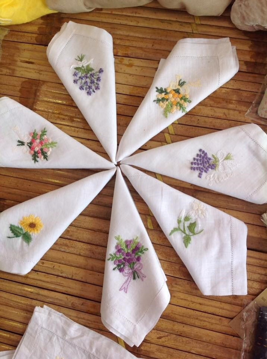 Floral Hand Embroidered Linen Napkins Set, Wildflower Linen Dinner ...