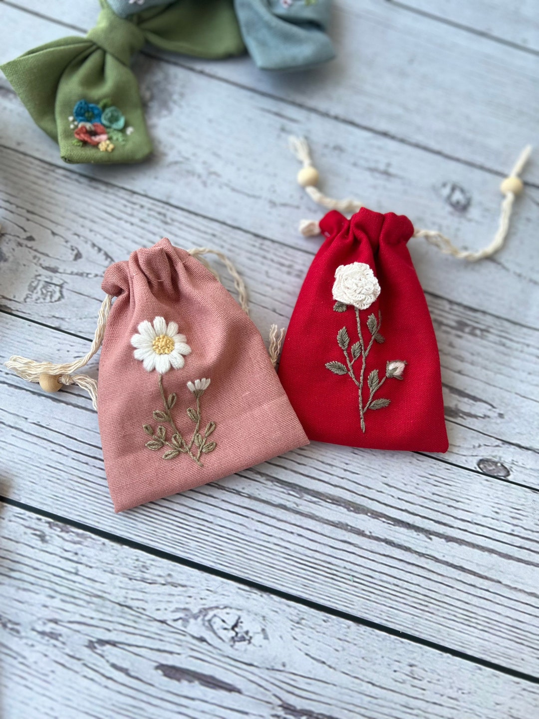 Floral Drawstring Bag 2 Sizes, Embroidered Rose Mini Pouch, Small Daisy ...