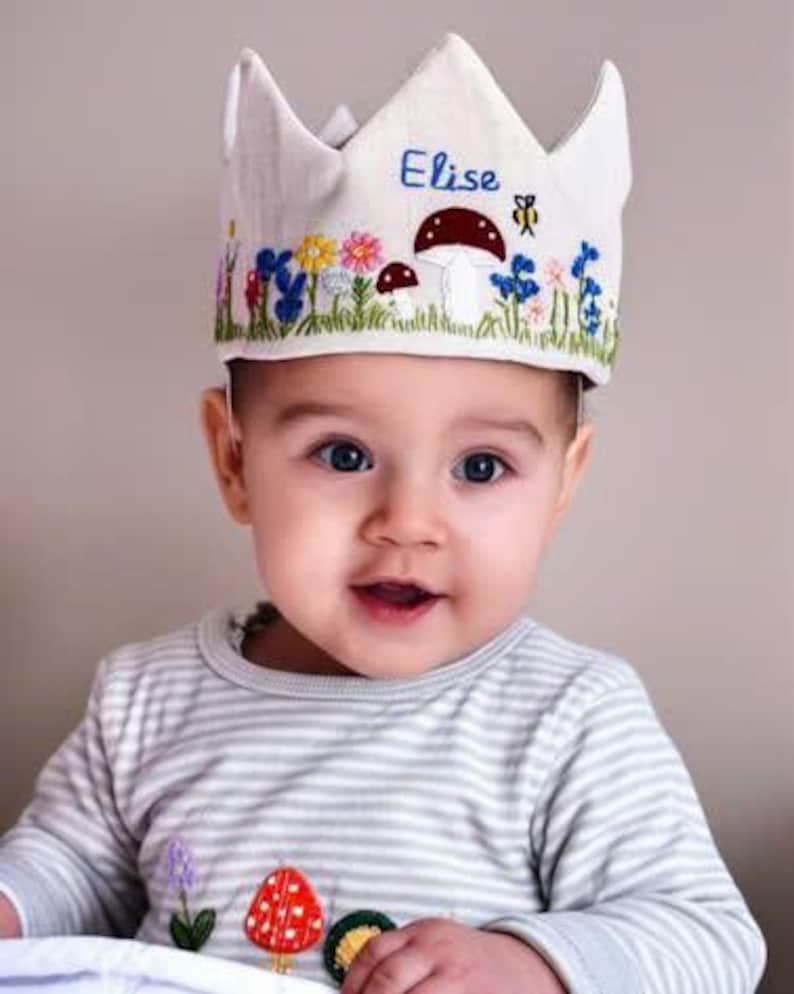 Custom Hand Embroidered Linen Crown, Baby Birthday Crown, Kids Crow ...