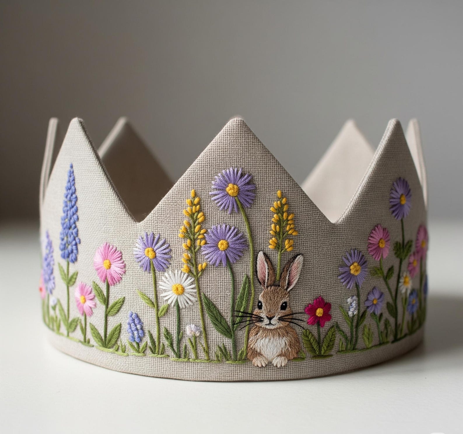 Custom Hand Embroidered Linen Crown, Rabbit Embroidered Crown, Baby ...