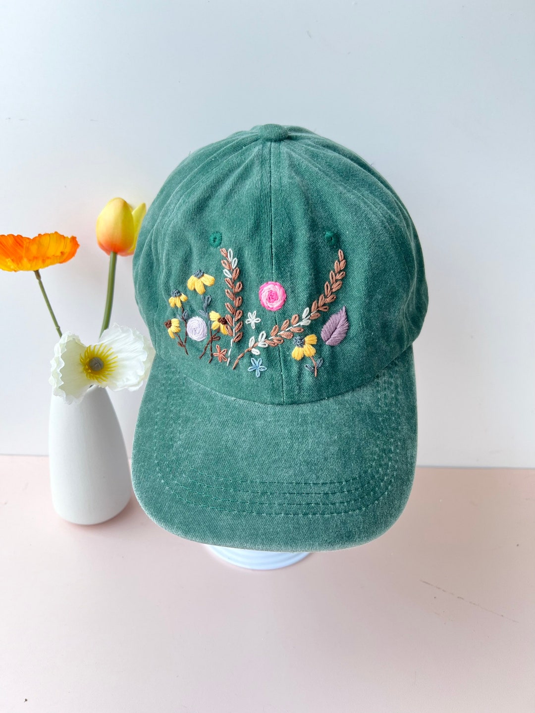 Custom Floral Hand Embroidered Baseball Cap, Rose Embroidered Hat, Wash ...