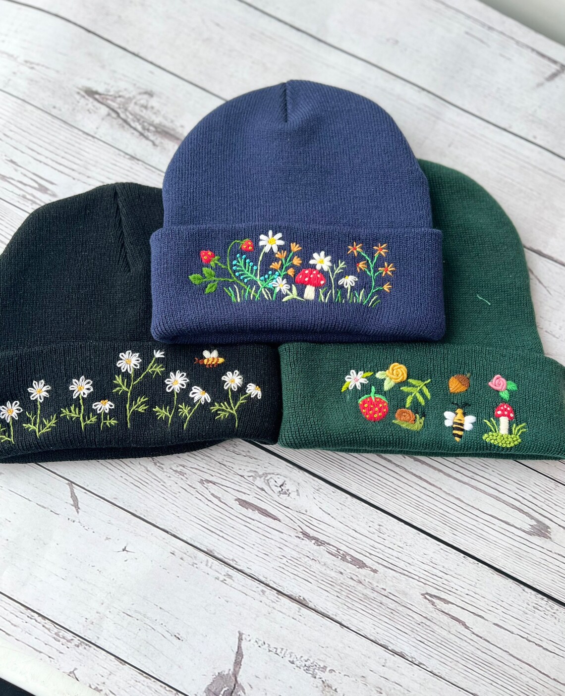 Hand Embroidered Beanie, Daisy Beanie, Mushroom Beanie, Wild Flower and ...
