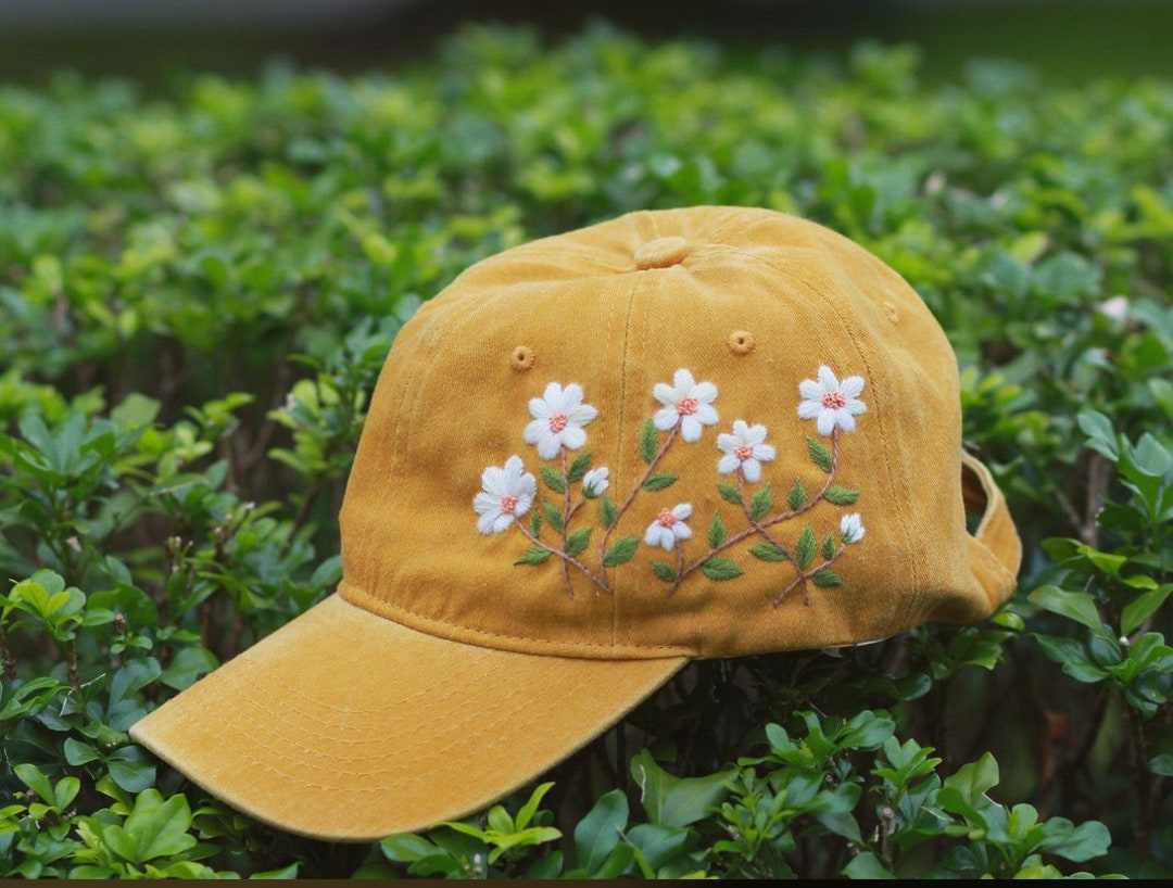 Custom Floral Baseball Cap, Daisy Hand Embroidered Baseball Cap, Wash ...