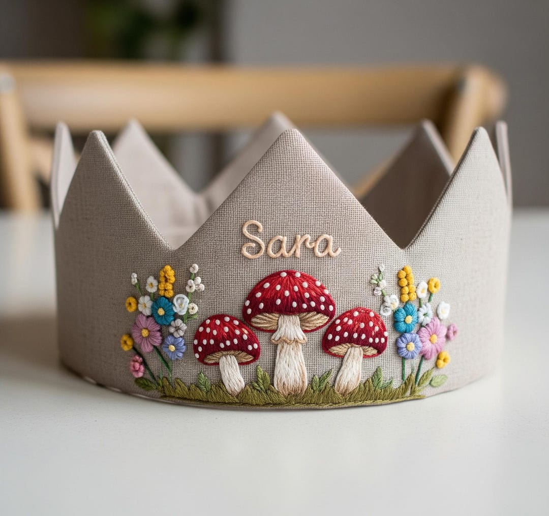 Custom Hand Embroidered Linen Crown, Baby Birthday Crown, Kids Crow ...