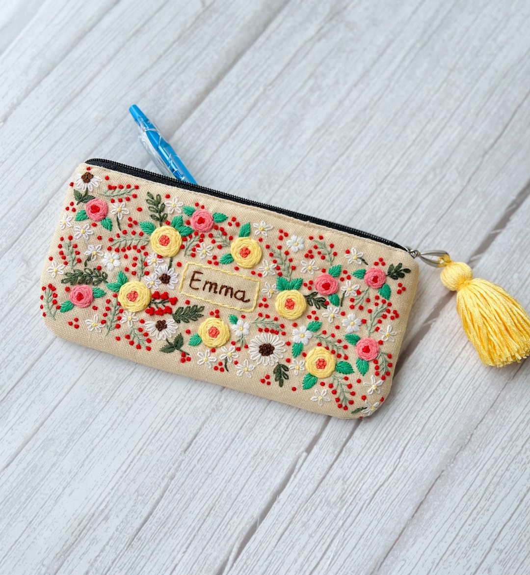 Personalized Hand Embroidered Pencil Case, Rose Linen Pouch, Handmade ...