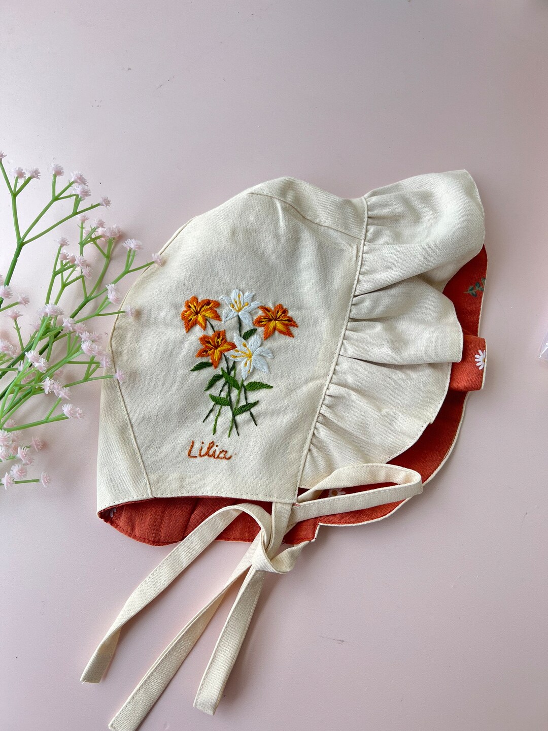 Personalized Hand Embroidered Linen Baby Bonnet With Lily Flowers ...