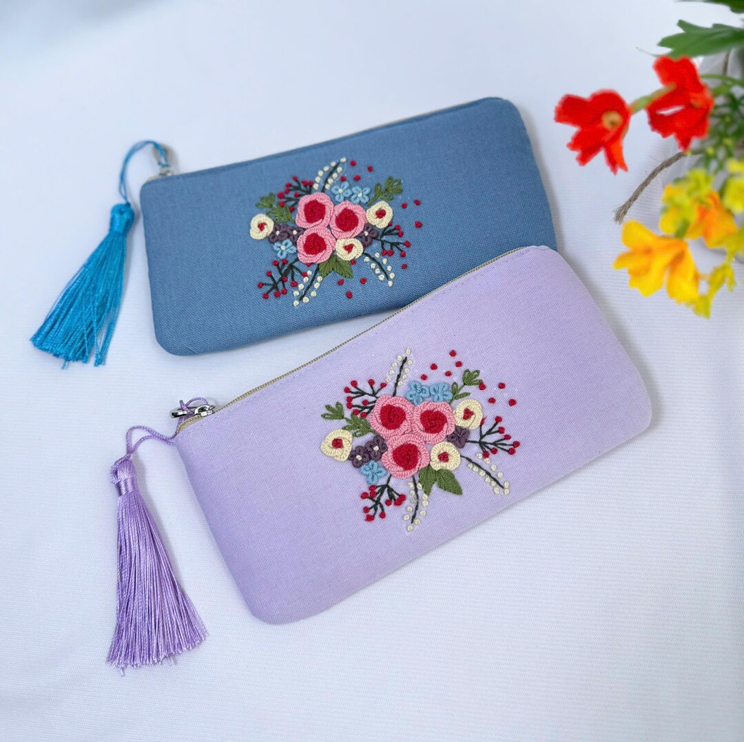 Personalized Hand Embroidered Pencil Case, Flower Embroidered Linen ...