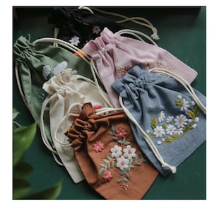 Floral Drawstring Bag Embroidery, Embroidered Floral Pouch, Daisy ...