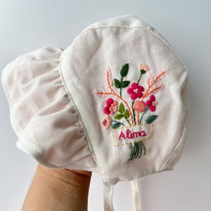 Hand Embroidered Linen Baby Bonnet With Beautiful Flowers, Personalized ...