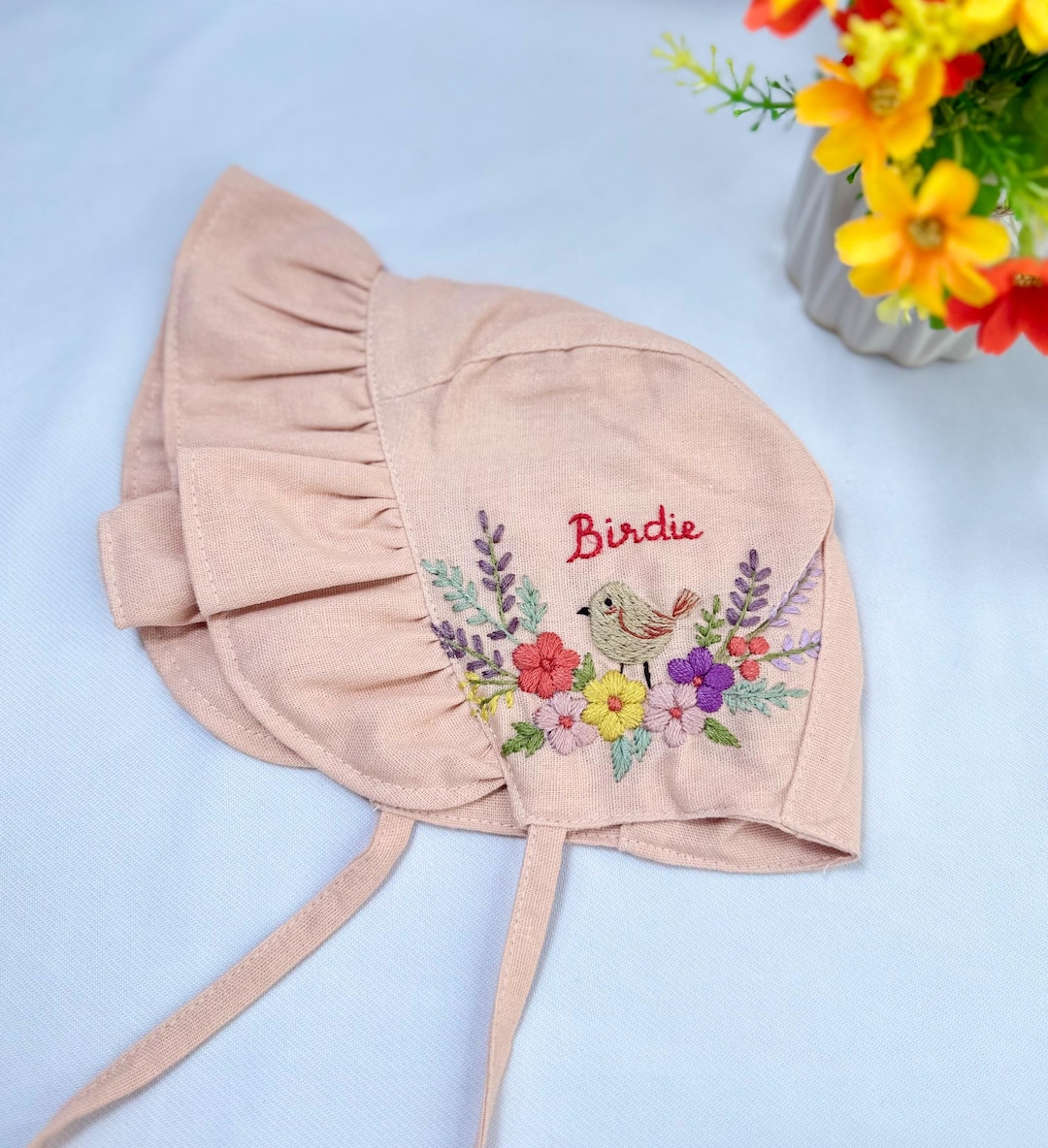Hand Embroidered Linen Baby Bonnet, Custom Bonnet, Bird With Flower ...