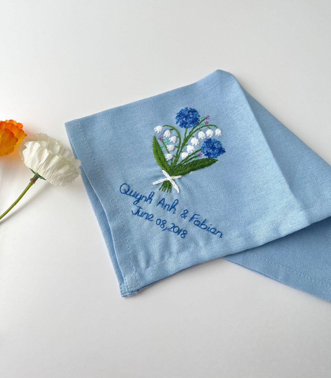 Custom Flower Bouquet Embroidered Handkerchiefs, Personalized Linen ...