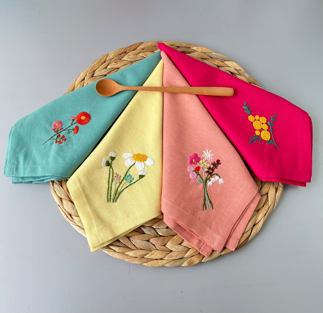 Flower Embroidered Napkins, Hand Embroidered Linen Napkins, Wildflower ...