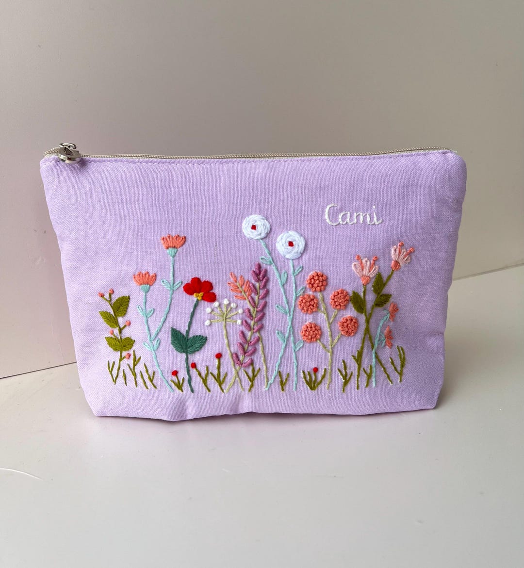 Personalized Hand Embroidered Cosmetic Bag, Flower Pouch, Linen Bag ...