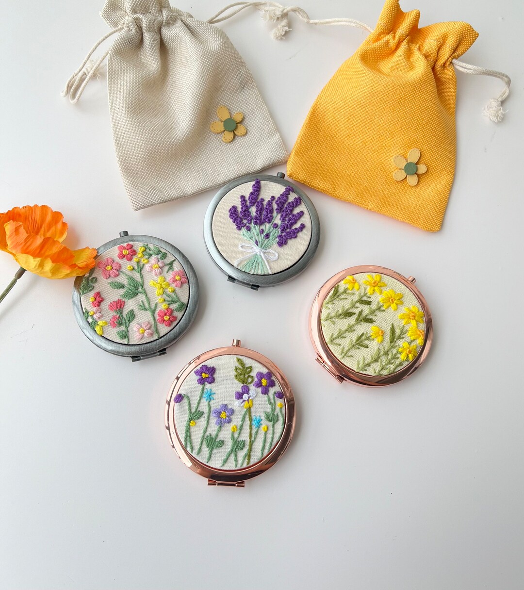 Flower Embroidered Compact Mirror Comes With a Drawstring Bag, Pocket ...