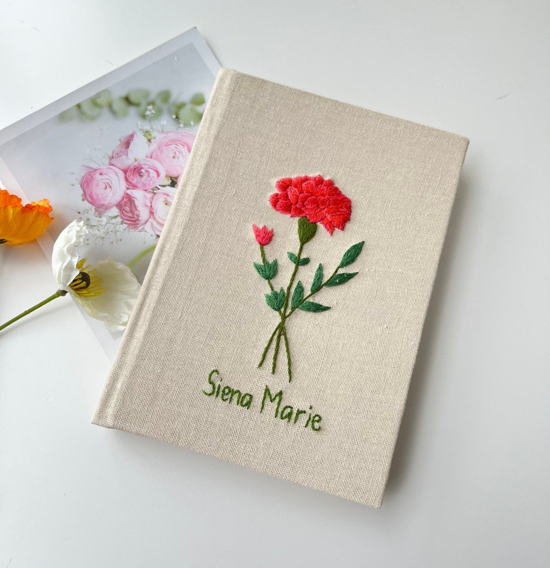 Carnation Flower Embroidered Journal A5, Personalized Hand Embroidered ...