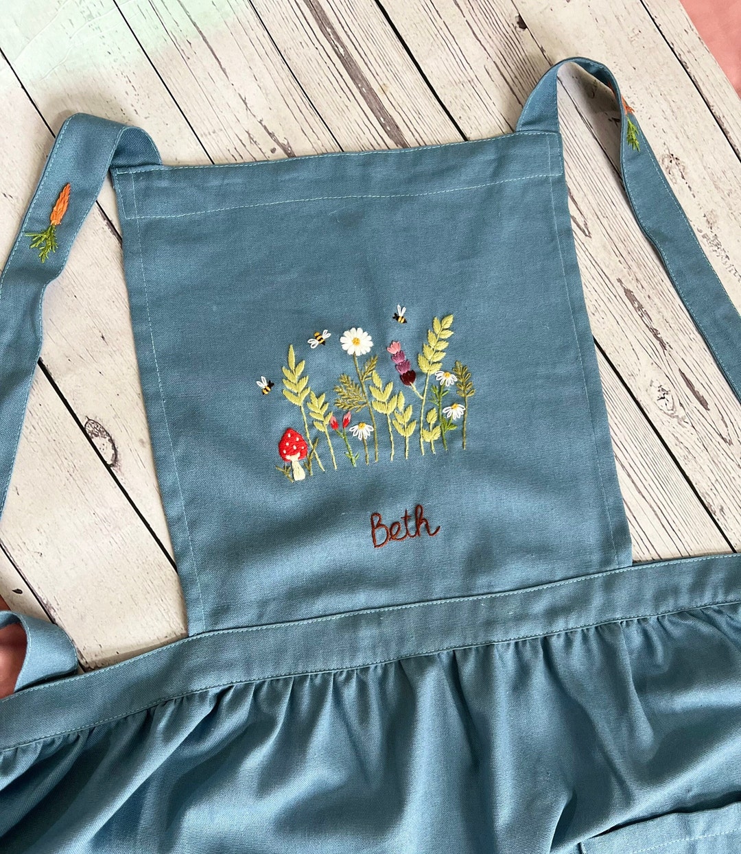 Personalized Hand Embroidered Apron Women Floral Garden Embroidered