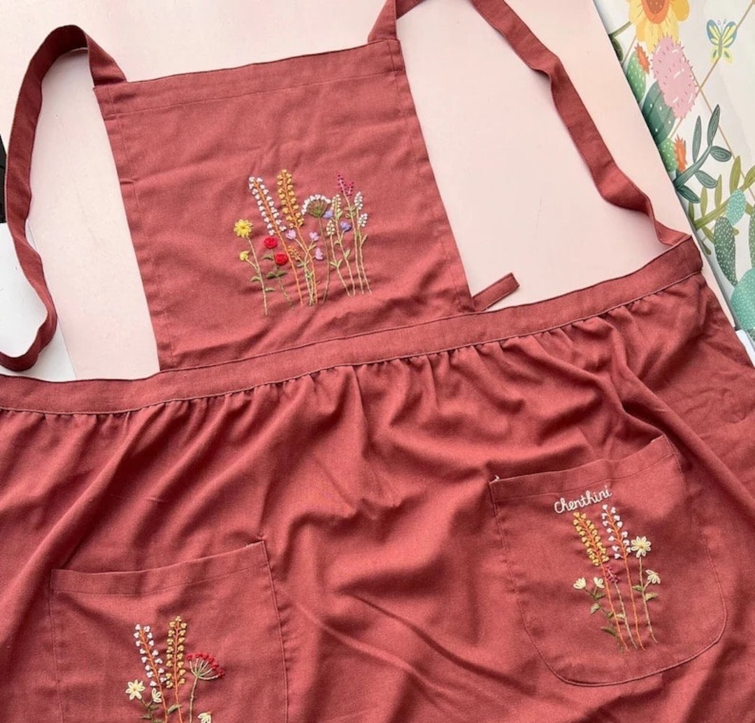 Personalized Hand Embroidered Apron Women, Flower Garden Embroidered ...