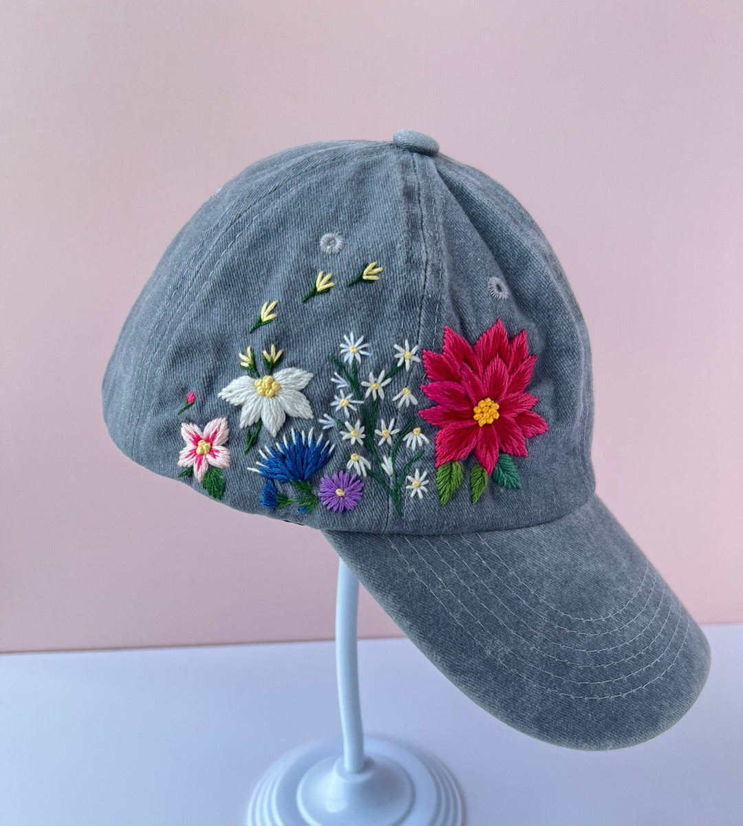 Custom Hand Embroidery Floral Denim Blue Hat, Daisy Embroidered Cap, Wash Cotton Hat ...
