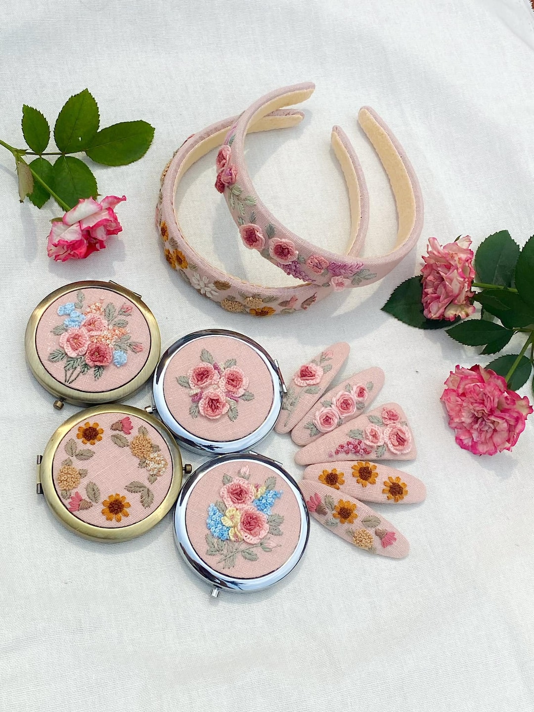 Pink Rose Embroidered Compact Mirror Comes With a Drawstring Bag ...