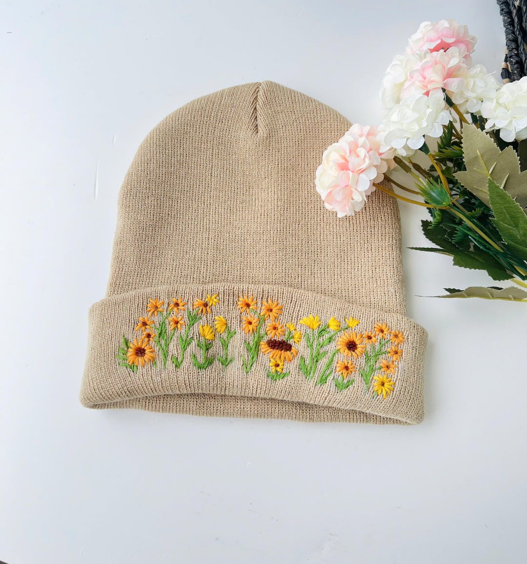 Hand Embroidered Beanie, Wild Flower Beanie, Daisy Beanie, Boho Beanie ...