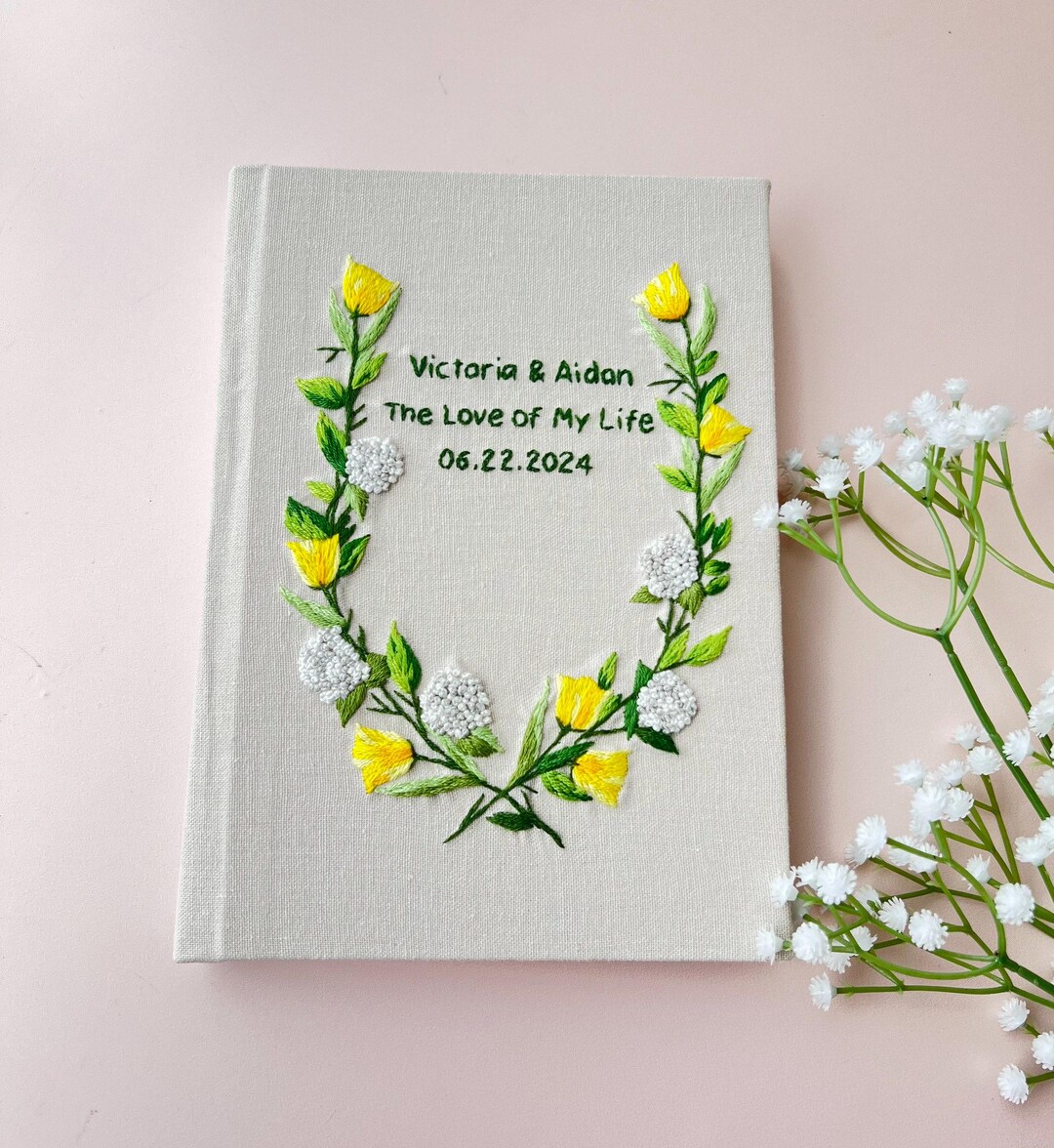Tulip and Hydrangea Embroidered Journal A5, Personalized Hand ...