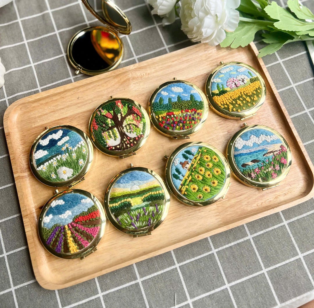 Hand Embroidered Landscape Mirror, Wild Flower Embroidered Compact ...